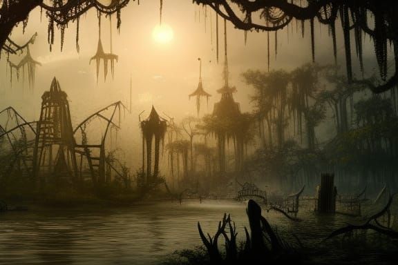 The Great Bayou, forested mangrove swamp, alien village dwellings ...