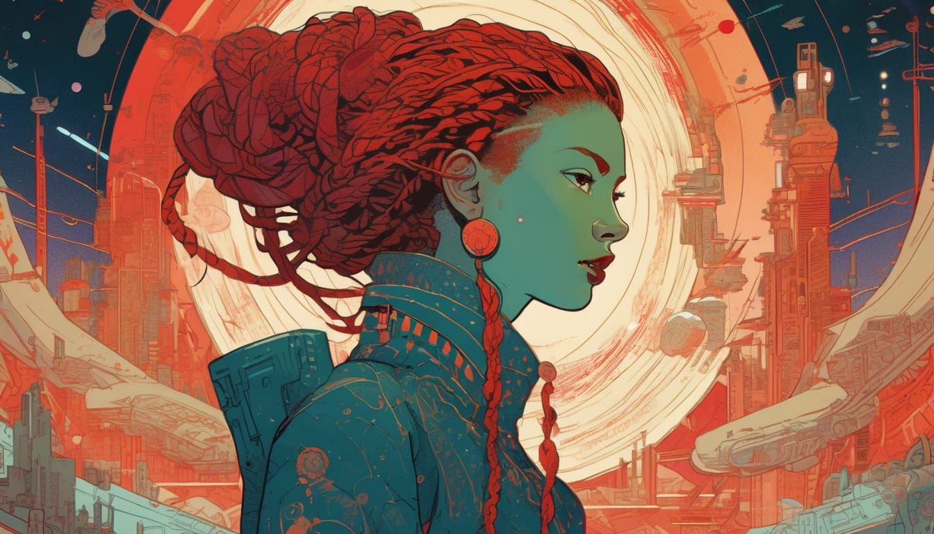Red halo - Cyberpunk Maiden with Red Dreadlocks in Space