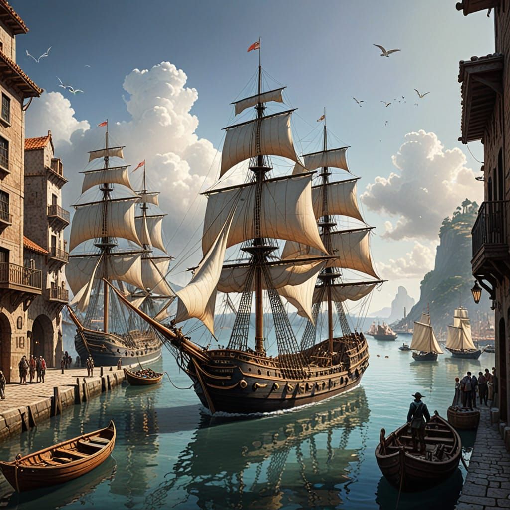 "A bustling 18th-century Spanish port, featuring a massive galley with ...