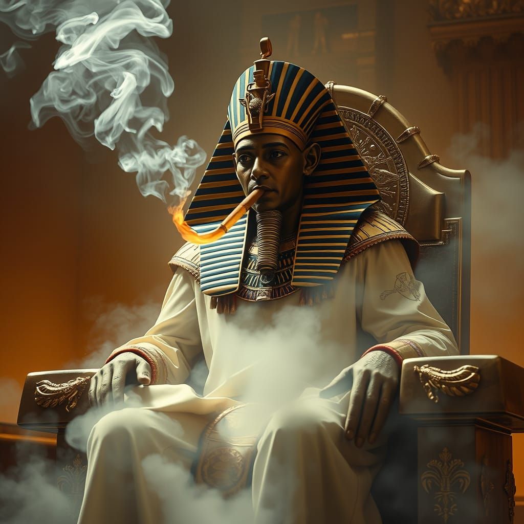 Egyptian Pharaoh in Opulent Cigar Smoke Clouds Wit... - AI Art