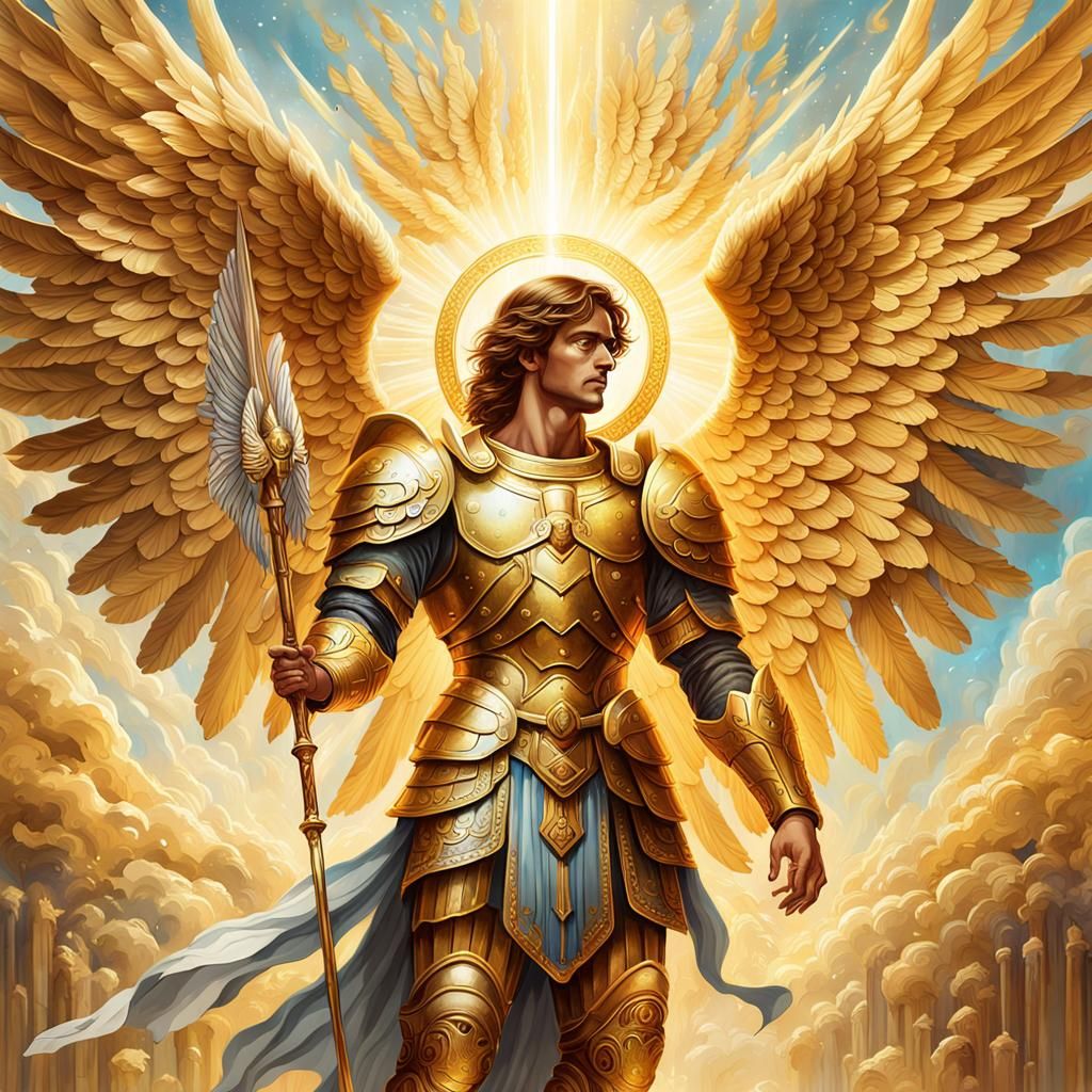 sky magic vintage holy beautiful archangel michael in golden armour praying, with big wings and ...