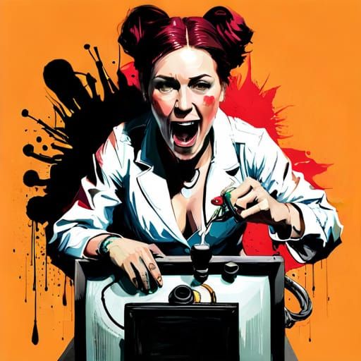 Women as a mad scientist in front of a computer. Edwin Landseer, splash ...