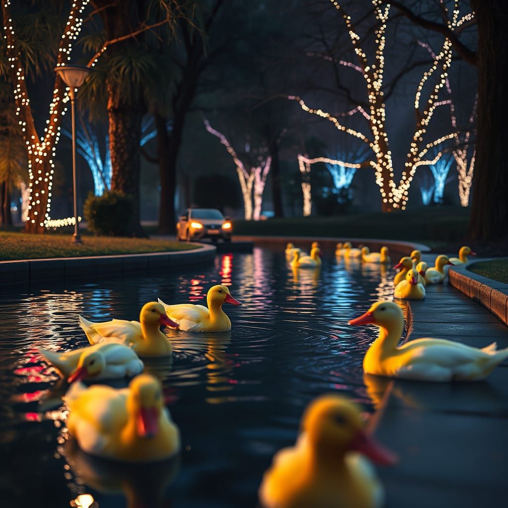 Hyper realistic feeding of the ducks in the park, neon synthwave style