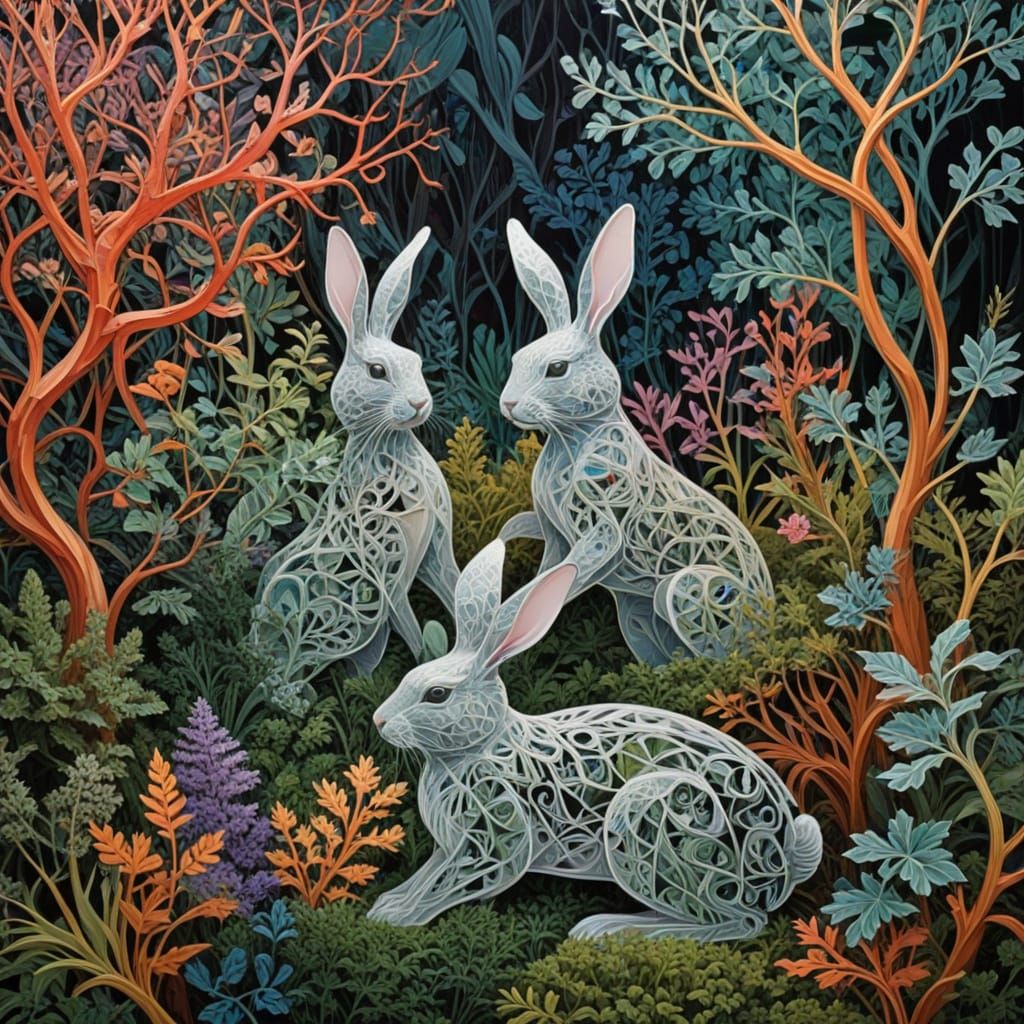Whimsical Fractal Rabbits in Dreamlike Environment - AI Art