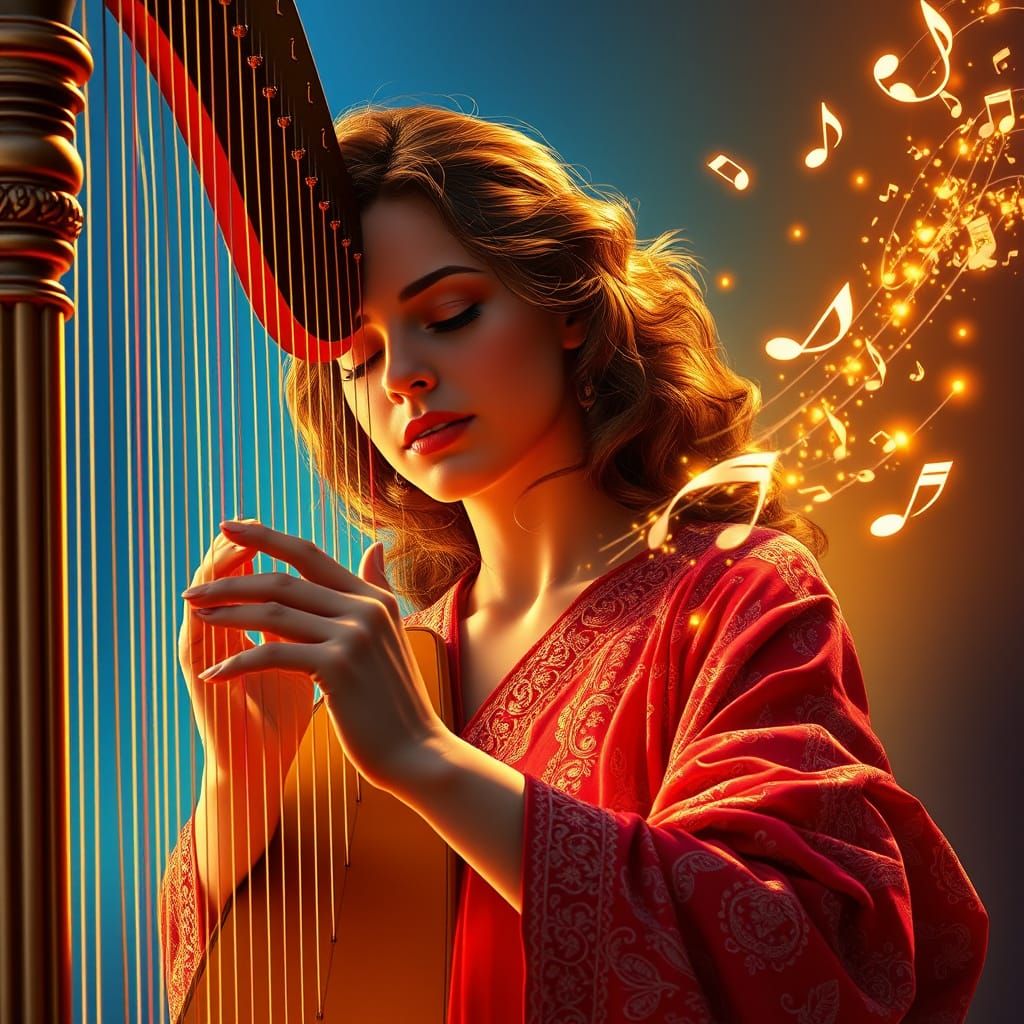 Une femme jouant la harpe, elles portent une robe rouge, on voit des ...