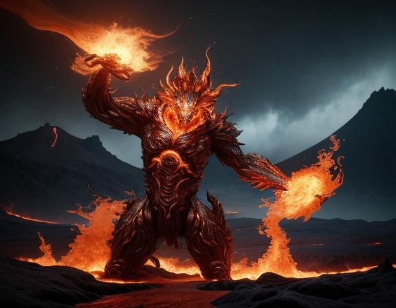 Gigantic humanoid fire monster made out of dark red and orange swirling ...