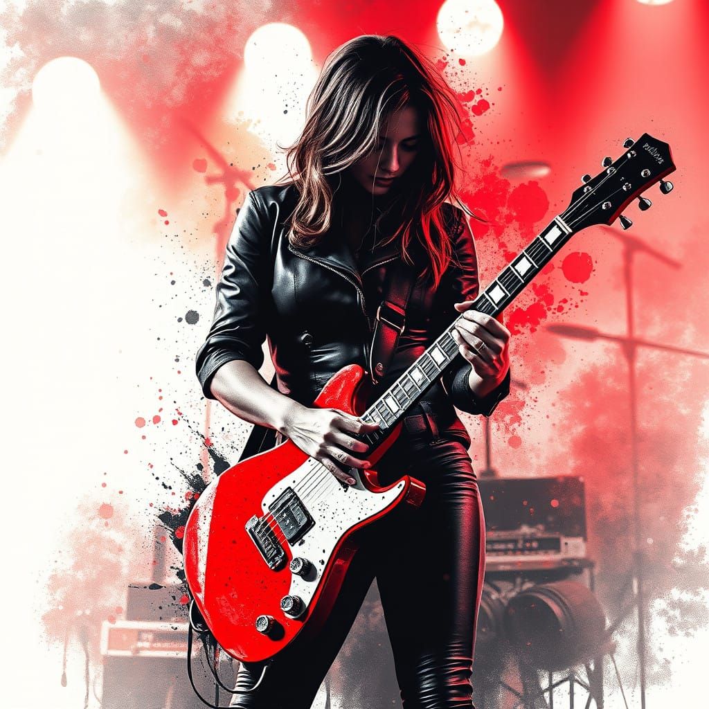 Art ink splatter. woman playin guitar, ink spl...