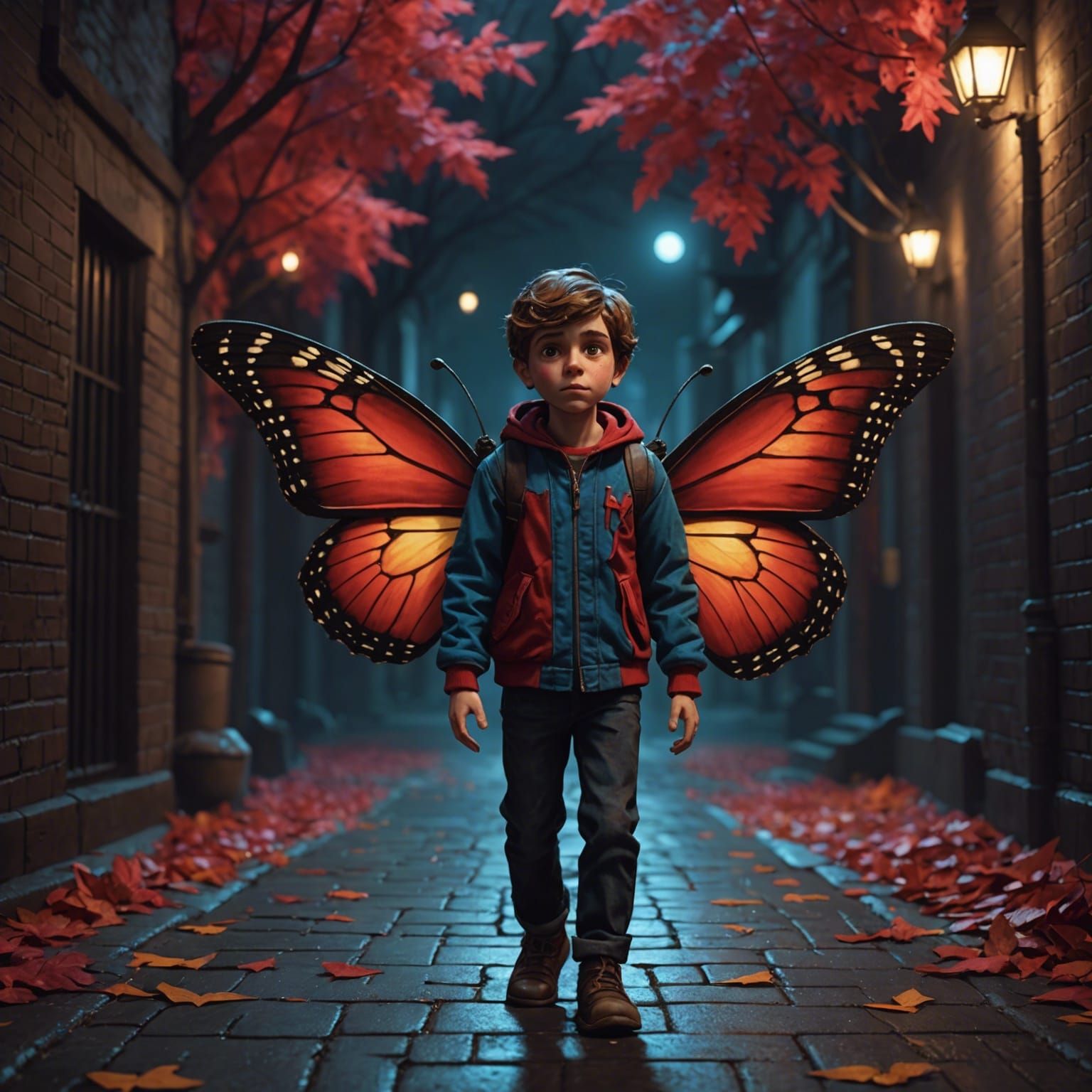 Creepy wooden puppet butterfly boy walking in a dark alley with red ...