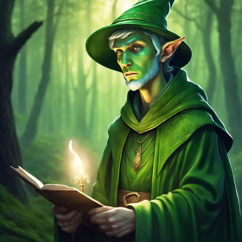 A detailed angled portrait illustration of a green-skinned Elf with ...