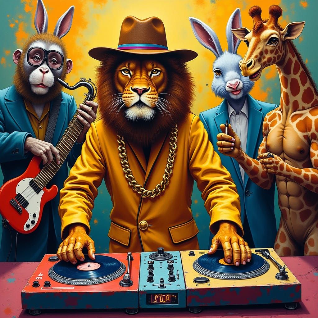 Reggae Lion DJ Spins Tracks for Grooving Animals - AI Art