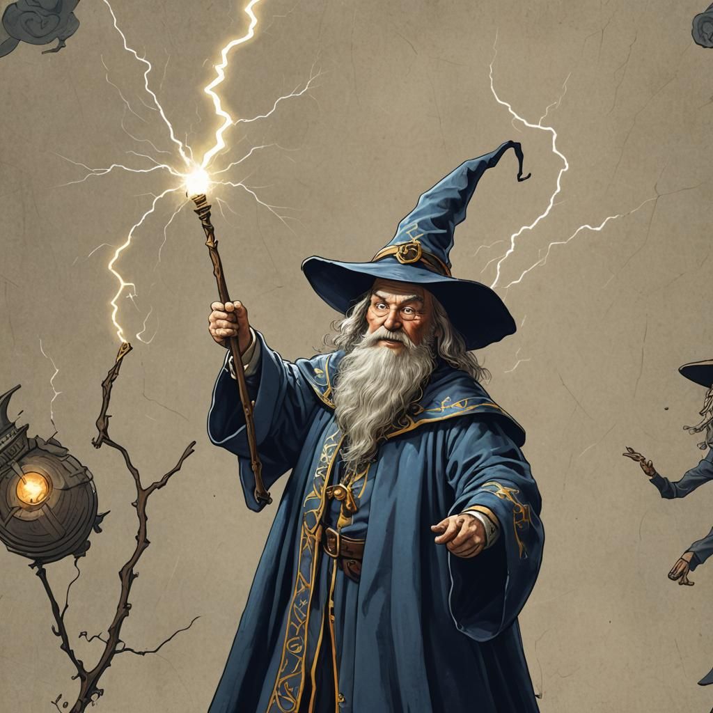 A silly wizard holding a staff shooting lightning portrait - AI ...