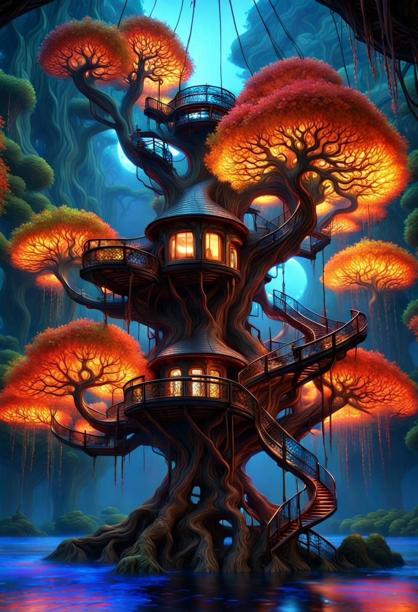 Treehouses in a massive twisted Tree - AI Generated Artwork - NightCafe Creator