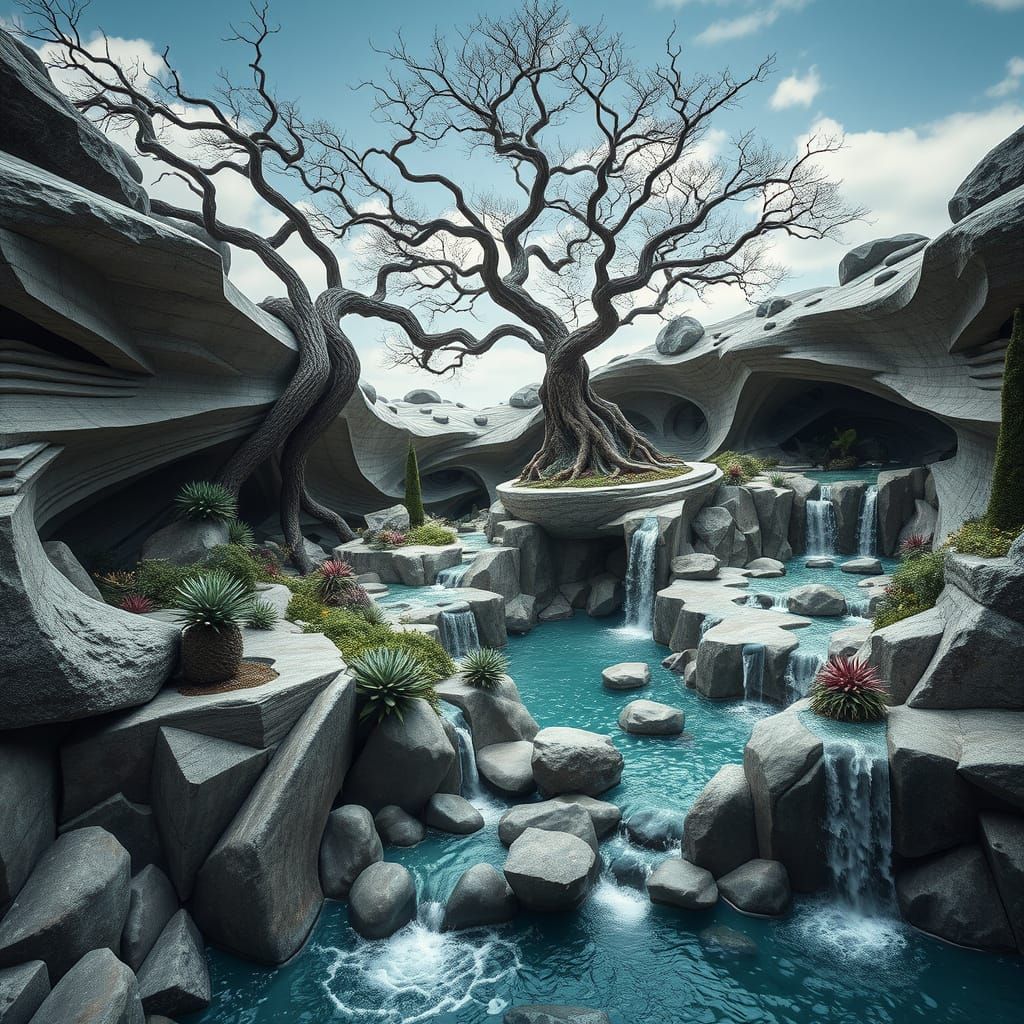 surreal stone waterfall rock garden