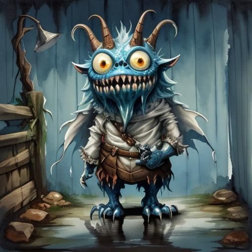 Low key wet dripping watercolor of a mischievous monster peaking around ...