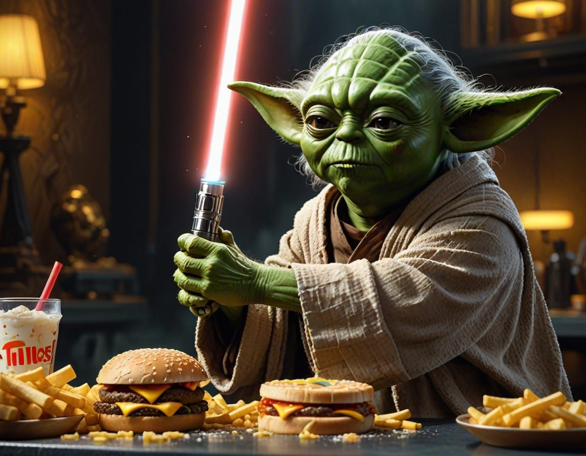 Realistic photograph of Yoda sharing a Big Mac with a lightsaber, best ...