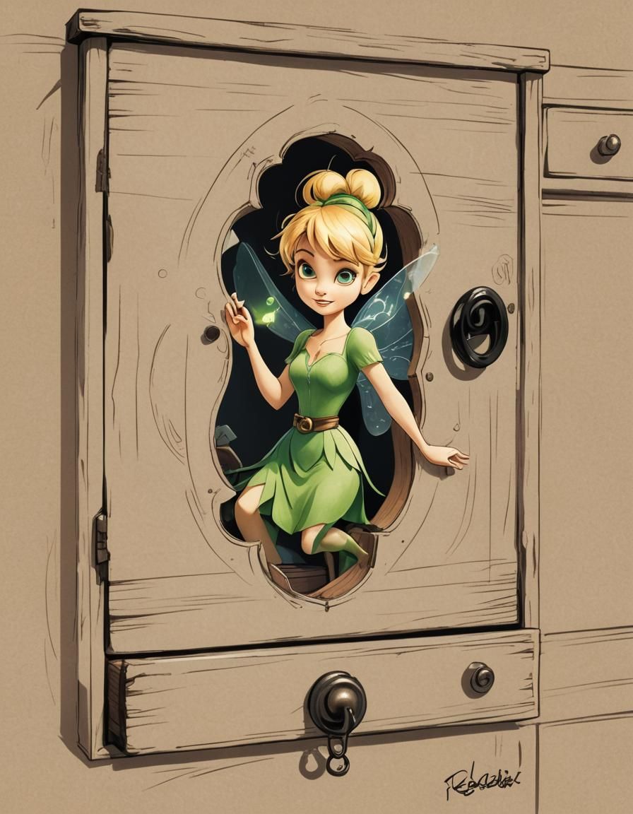Tinkerbell in a drawer, seen by a keyhole ; sewing equipment ; 2D ...