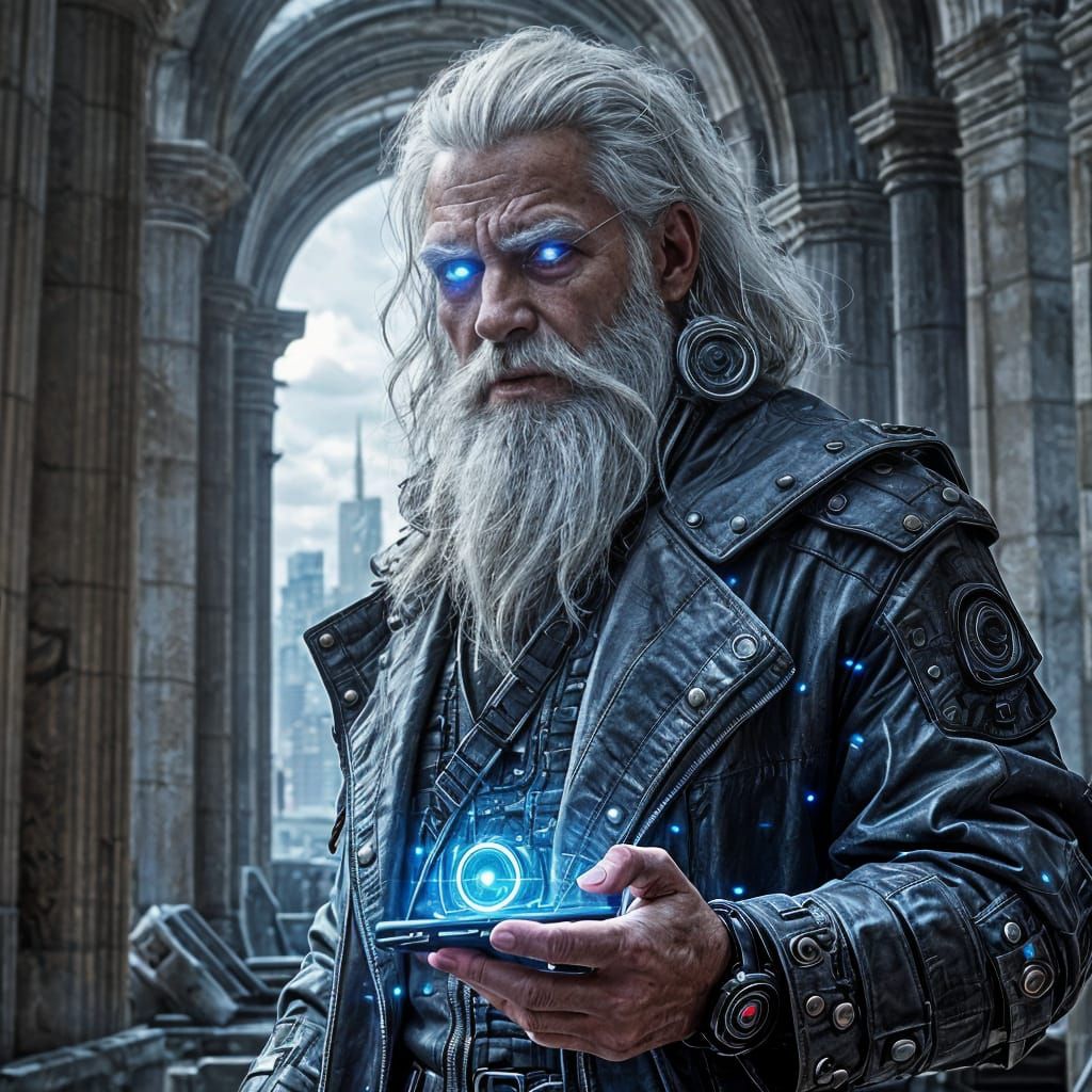 Cyberpunk Professor in Futuristic Library Ruins - AI Art