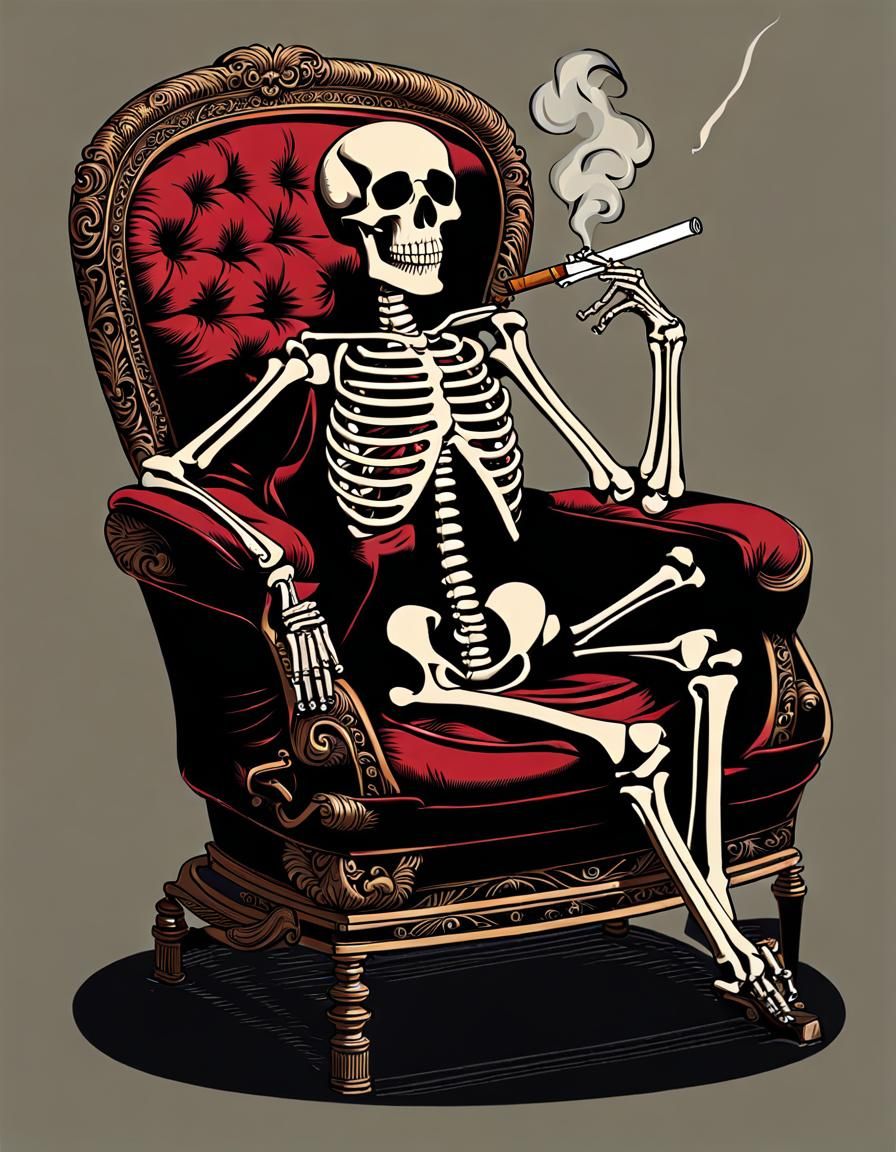 A human skeleton relaxing on a reclining chair and smoking cigar - AI ...