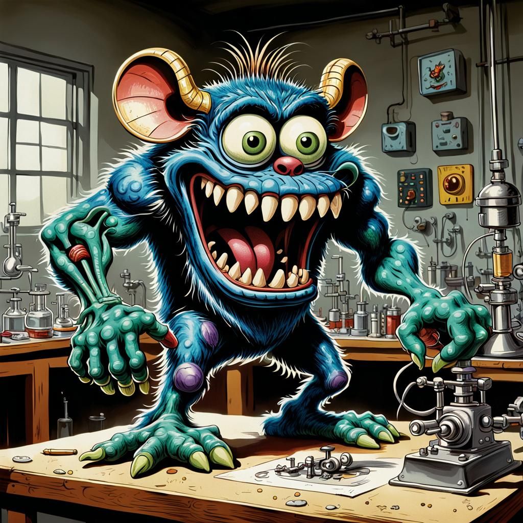 Ed Roth's illustration of a ratfink monster with a square head is in ...