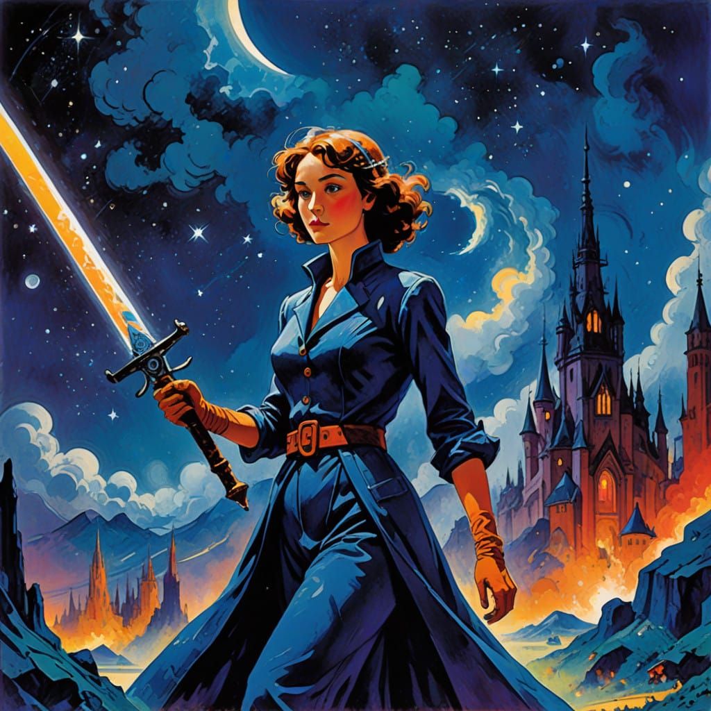 Celestial Sword Hovers Above Starry Battlefield - AI Art