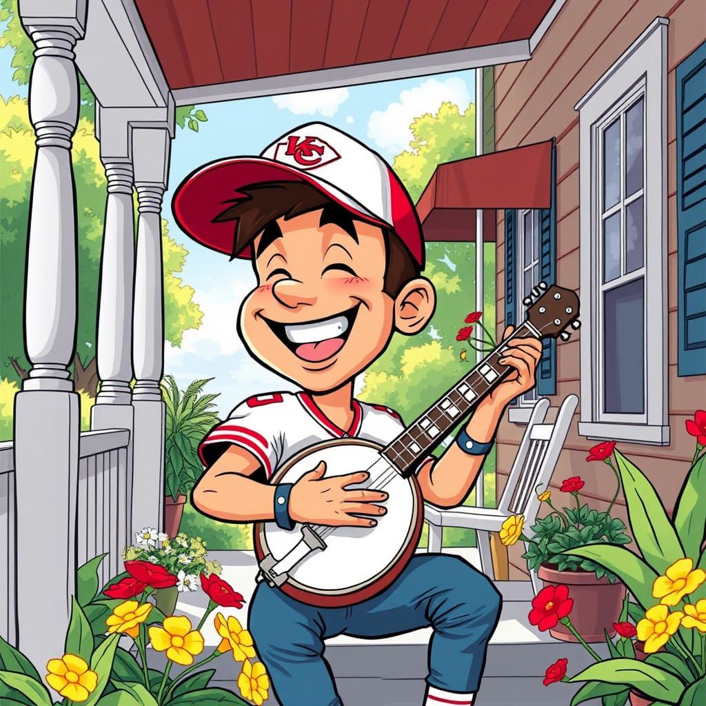 Joyful Quarterback Banjo Hero in Cartoon Style - AI Art