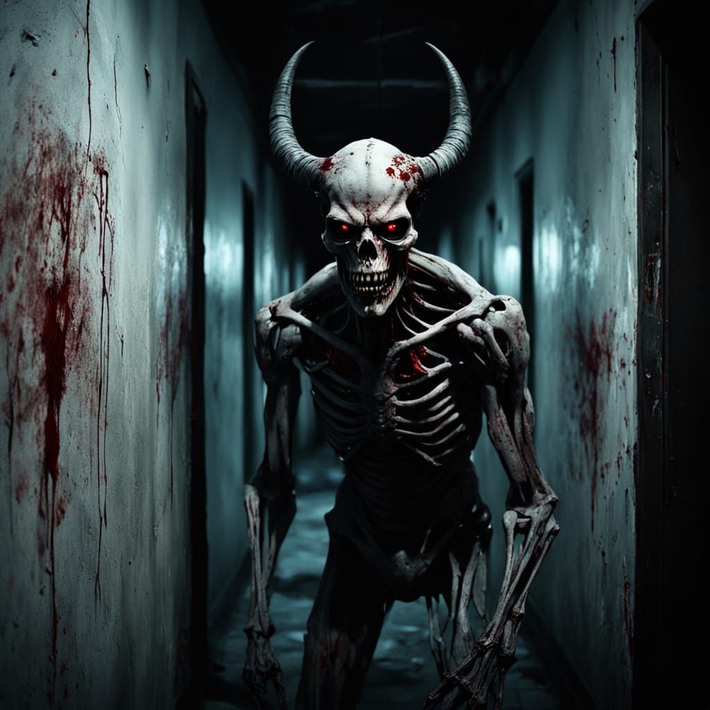 Skeletal Horror Figure in Dimly Lit Corridor - AI Art