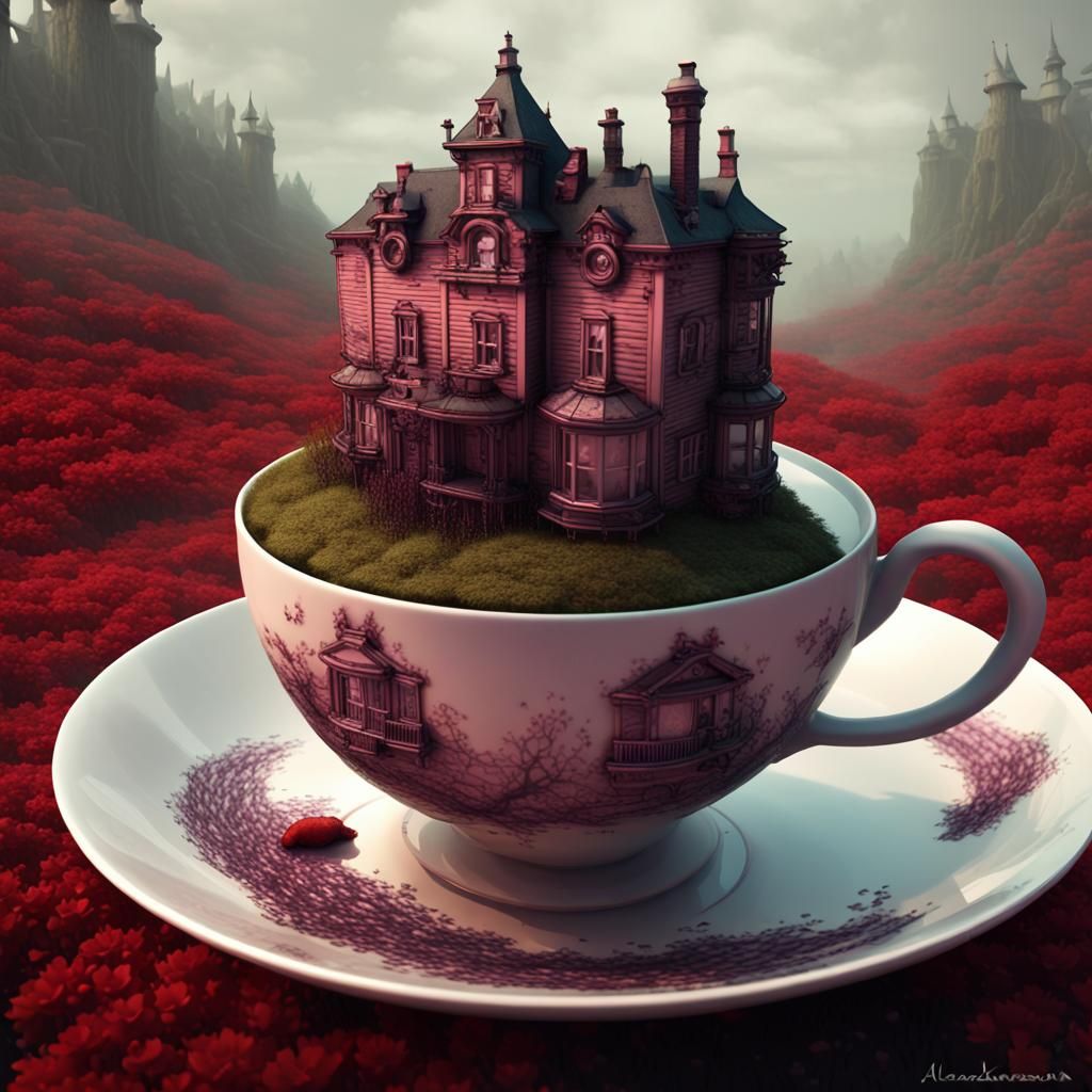 A Close-up of a Tea Cup with a creepy Victorian house floating on a ...
