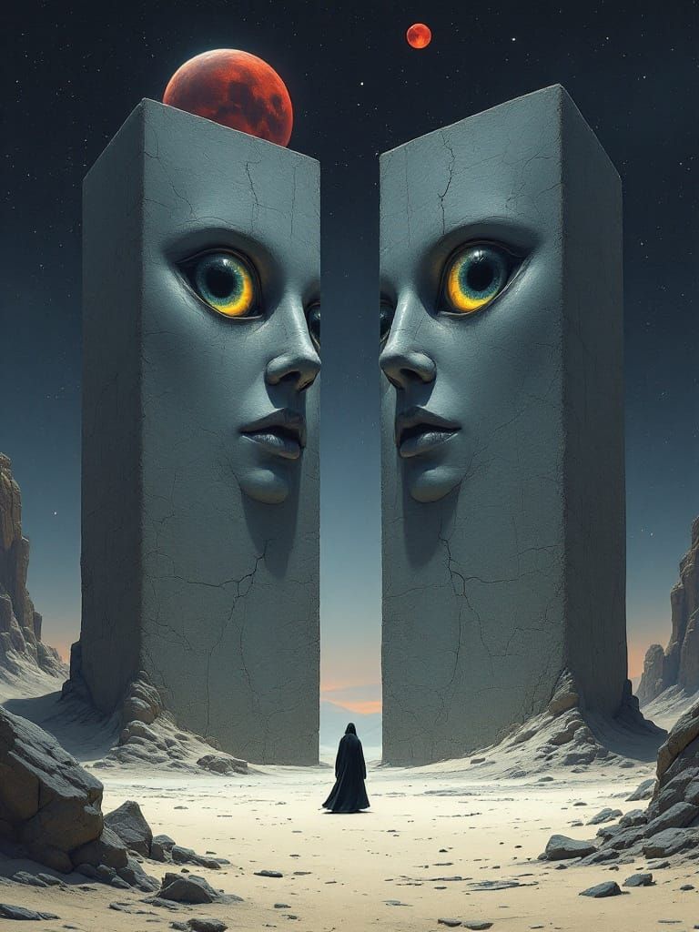 Eyes carve through the dark, Monoliths that never blink— Red skies ...