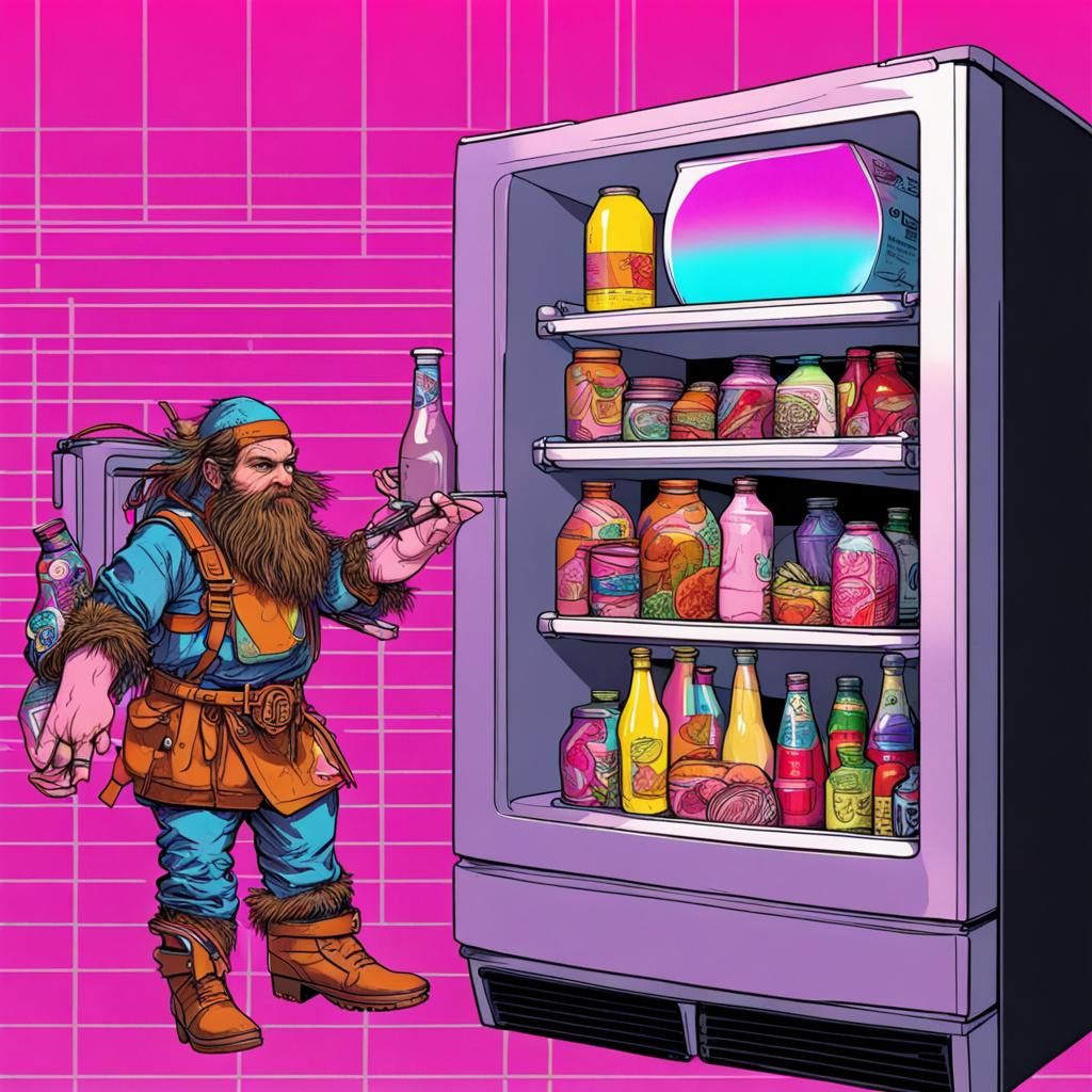 Dwarf - Cyberpunk Dwarf Raids Fridge in Vaporwave Style