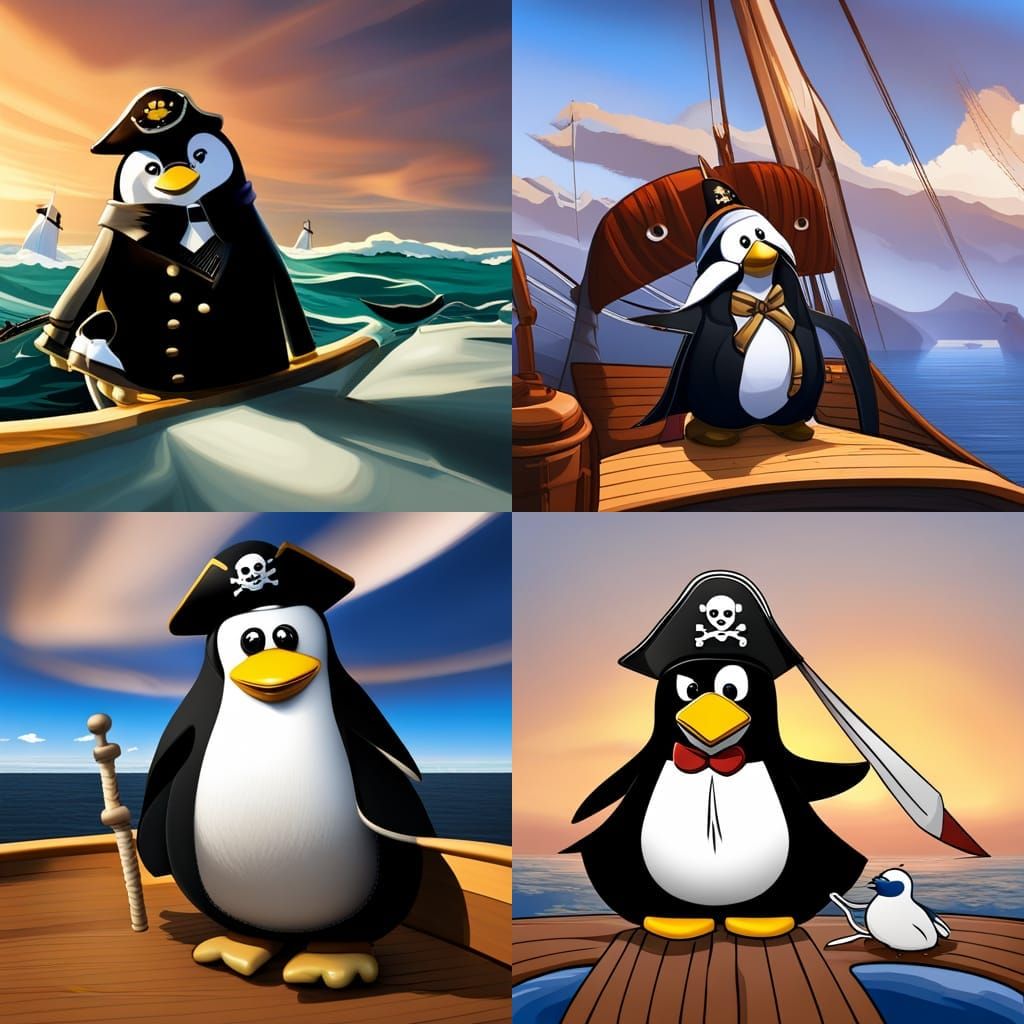 Tux the Linux penguin as a pirate captain on a sailing ship with a crew ...