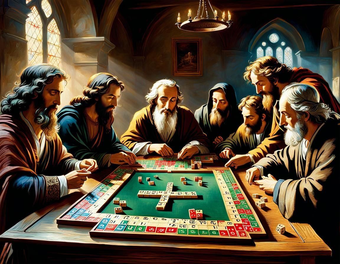 Jesus and his apostles playing scrabble - AI Generated Artwork ...