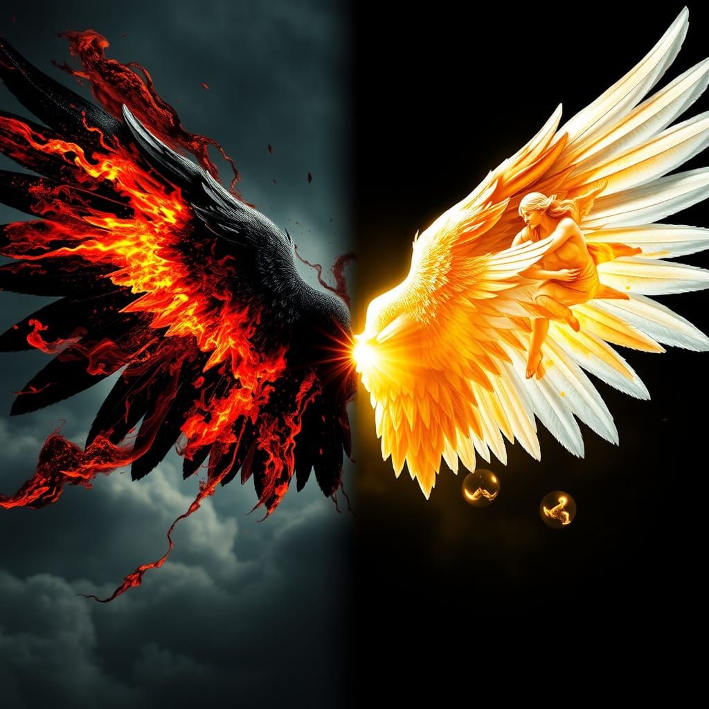 Double exposure, photorealistic, hyper-detailed split wings collage ...