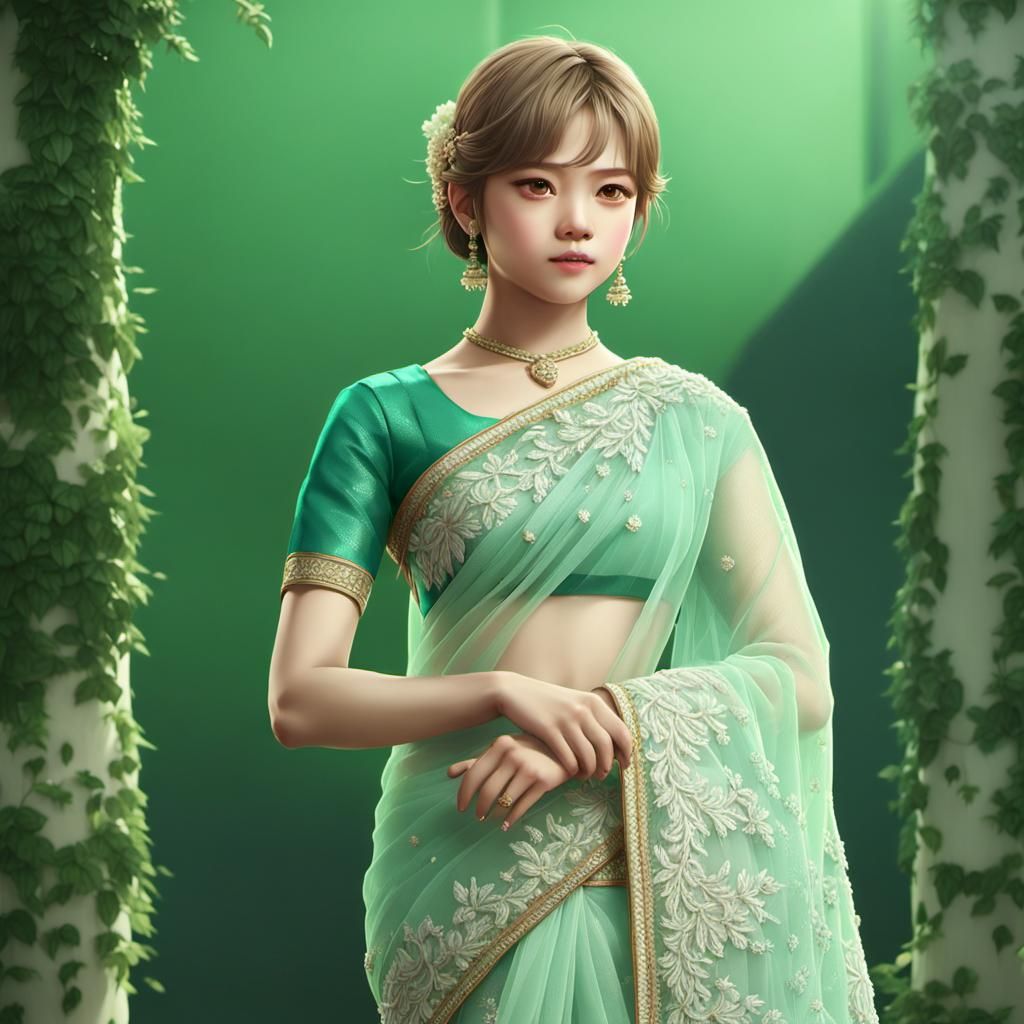 Yoo Jeongyeon in light green Mono Net Saree. @AloneMARLA - AI Generated Artwork - NightCafe Creator