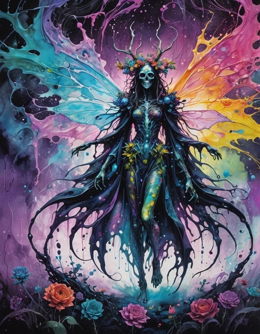 Surreal Bony Fairy in Melting Ink Artwork with Tri... - AI Art