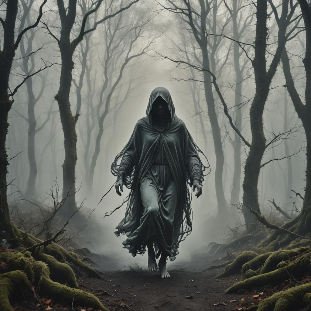 surreal dreamscape,ethereal mist wraith running through a misty forest ...