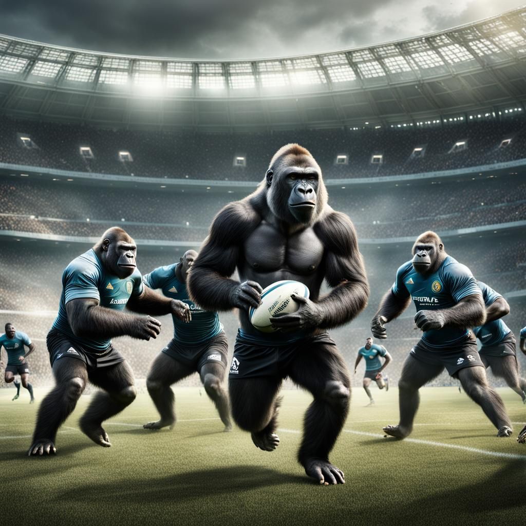 Gorillas playing rugby. - AI Generated Artwork - NightCafe Creator