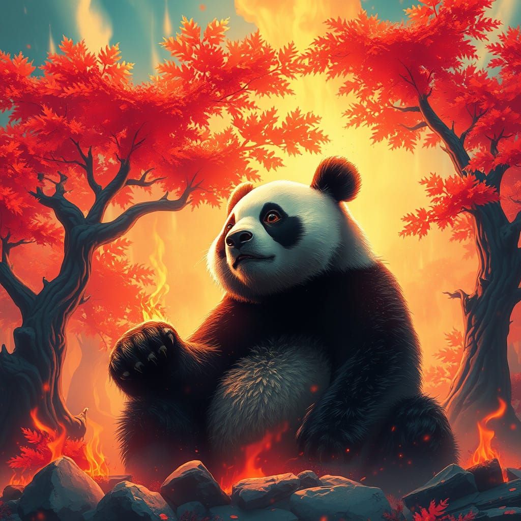 Surreal Panda Radiates Warmth Amidst Fiery, Vibran... - AI Art