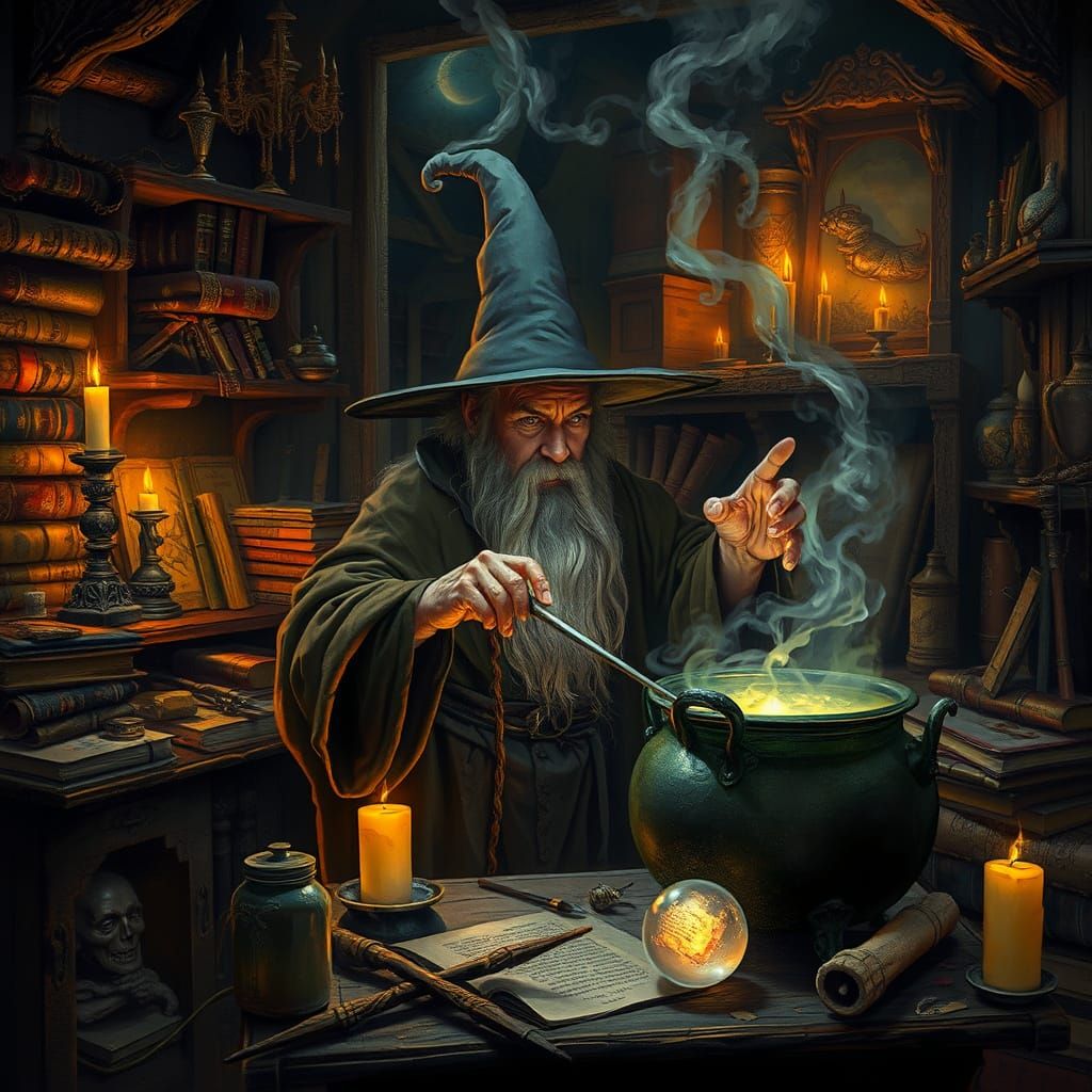 Wizard Conjures Mystical Potion in Earthy, Dreamli... - AI Art