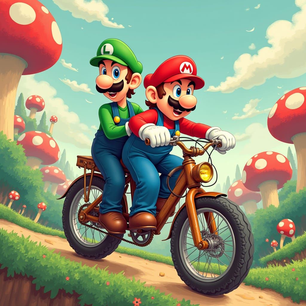 Mario Bros riding a bike - Mario Brothers Ride a Vintage Bic...