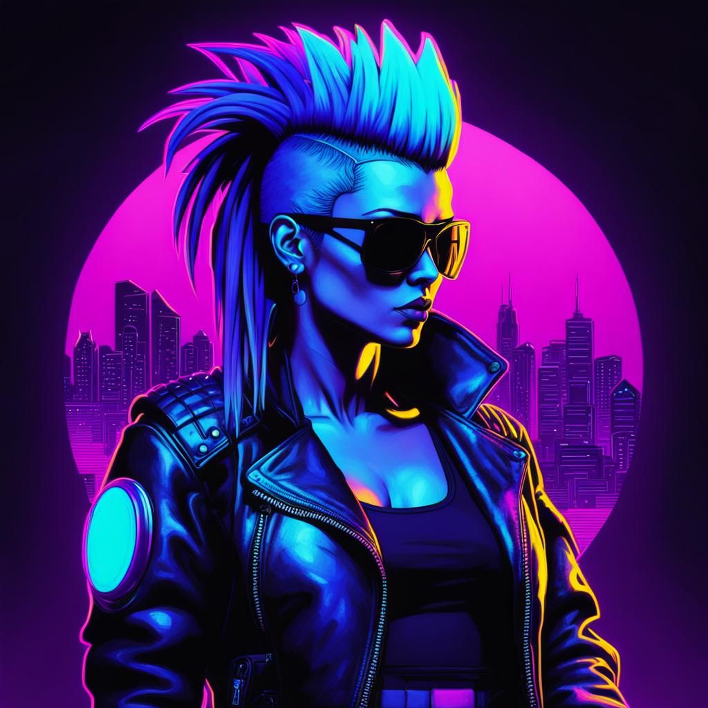 black light biker girl, ultraviolet, ultra violet art, mohawk ...