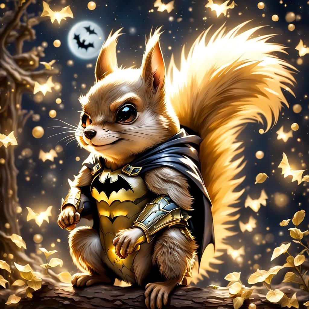Batman as a squirrel, cute, adorable, ethereal, golden, glow, beautiful ...