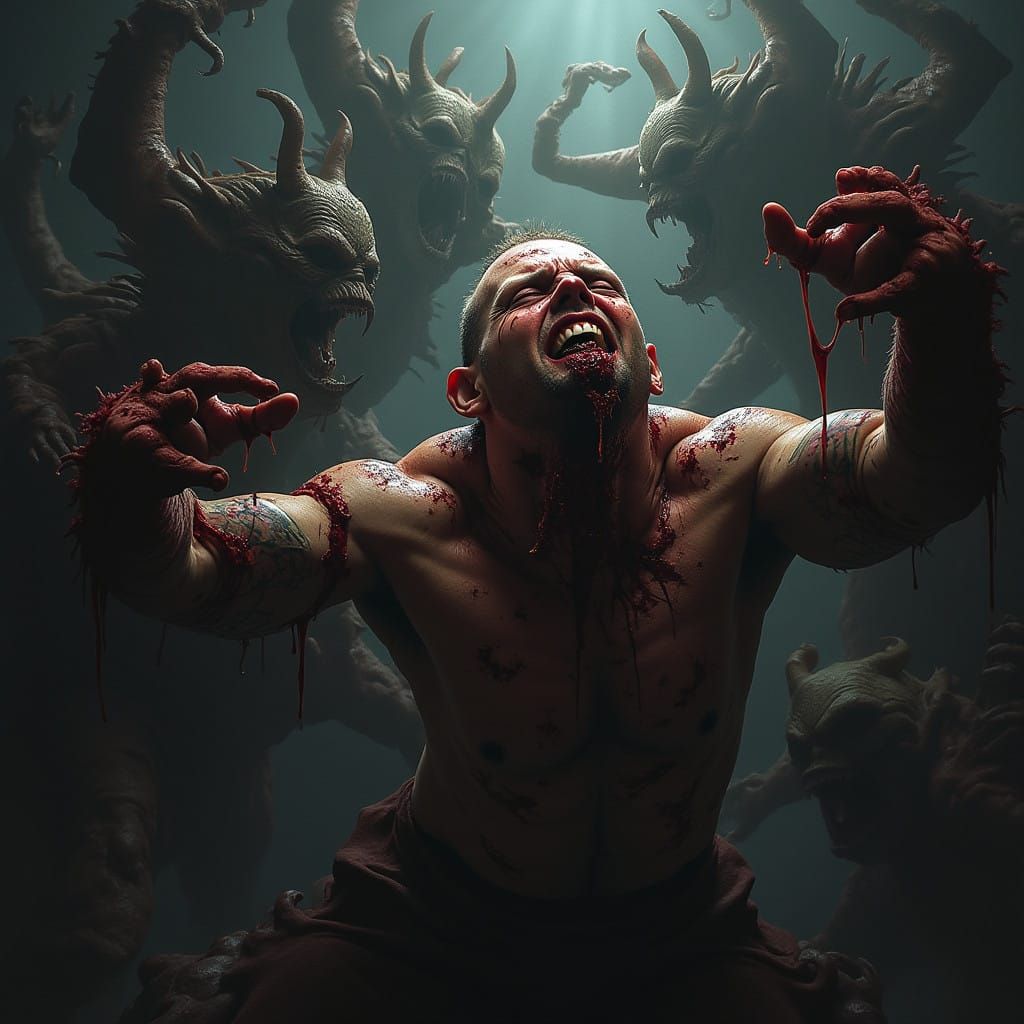 Tortured Soul Tormented by Hellish Demons in Haunt... - AI Art