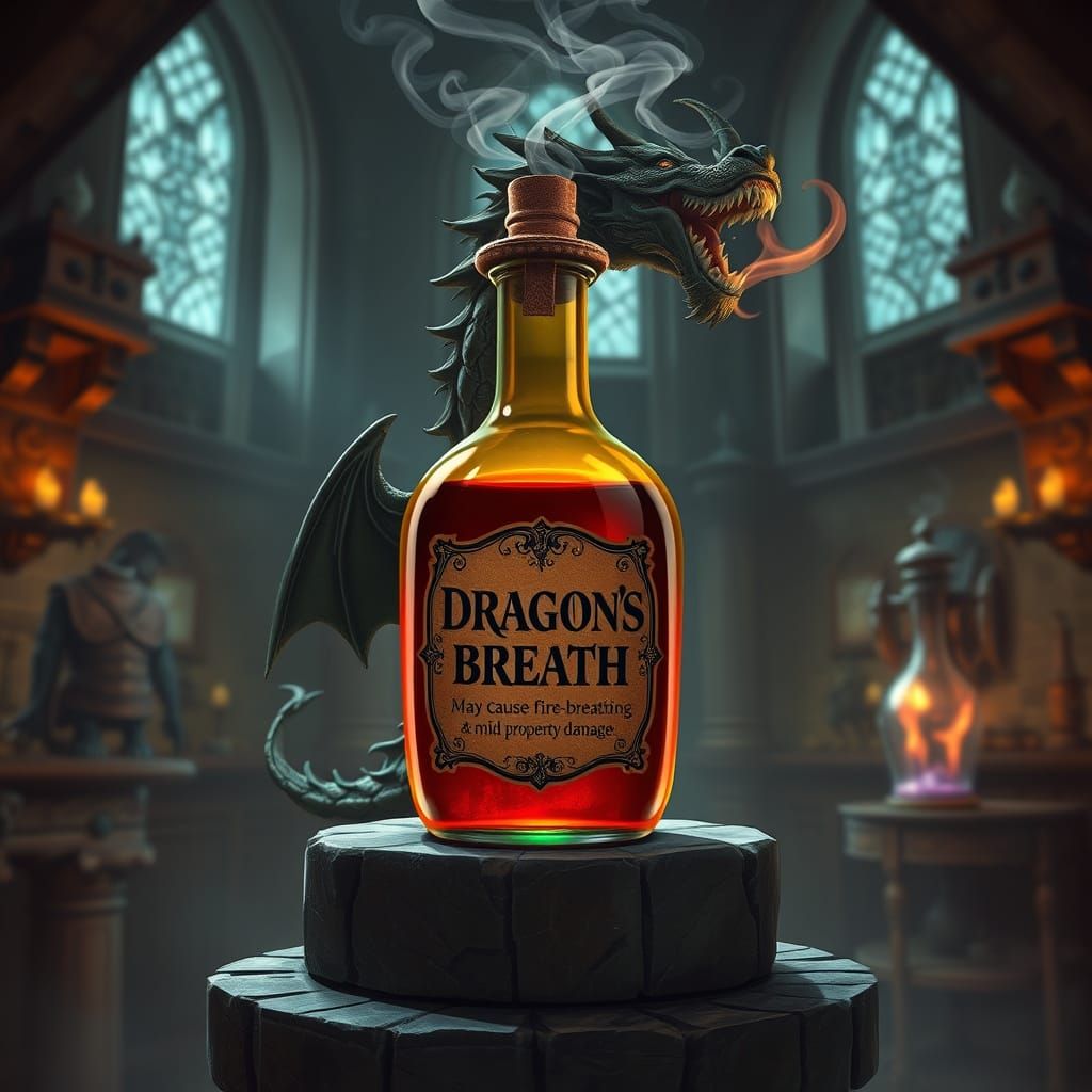Dragon's Breath Potion in a Glass Dragon Bottle - AI Art