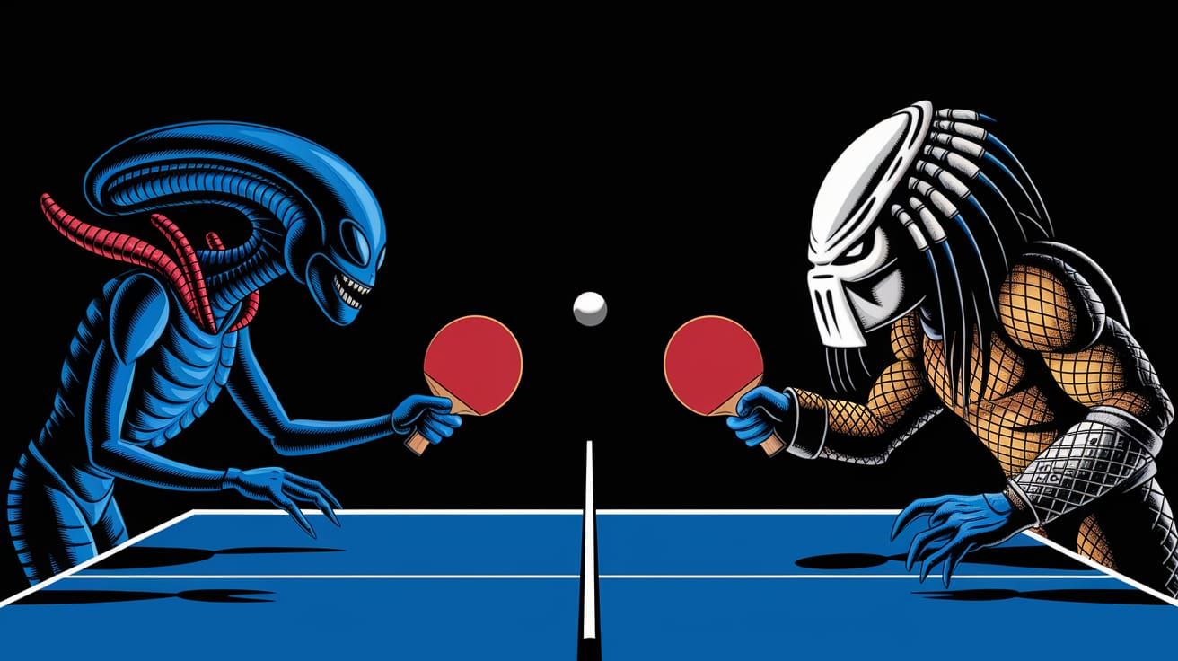 Predator and Alien Engage in Epic Ping Pong Duel - AI Art