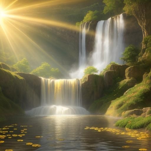 Waterfall of gold coins heavenly sunshine beams divine bright soft ...