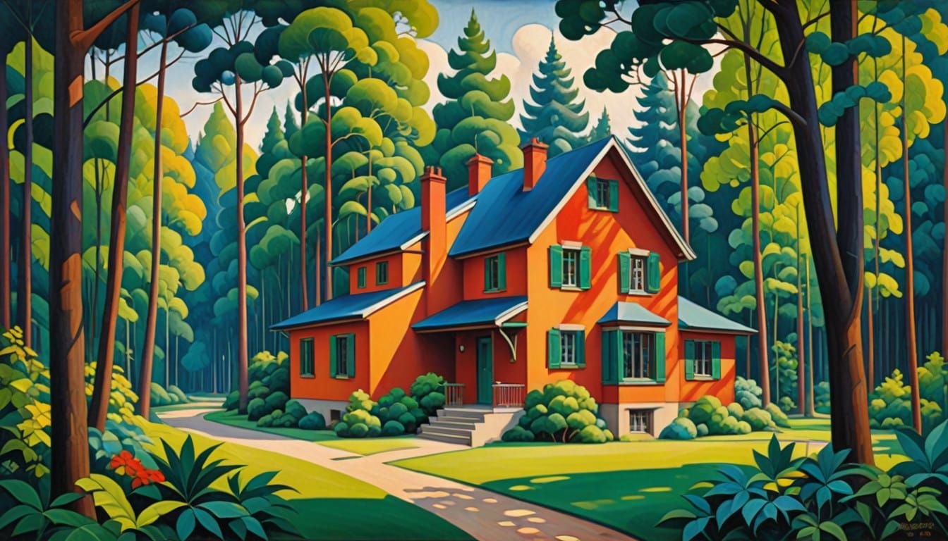 Cubist Cottage Scene in Forest Geometry - AI Art
