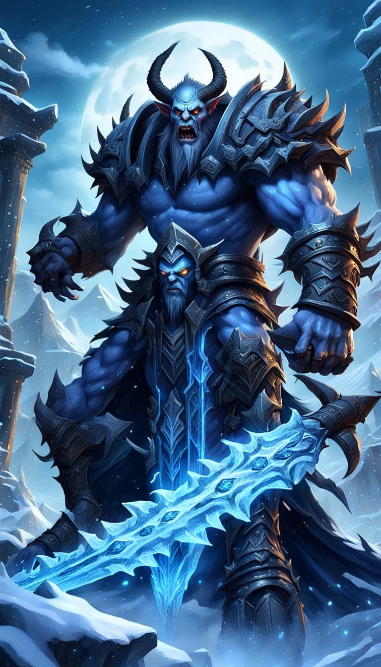 World of Warcraft, 3D, hyper-realistic. Colossal, horned figure of ...