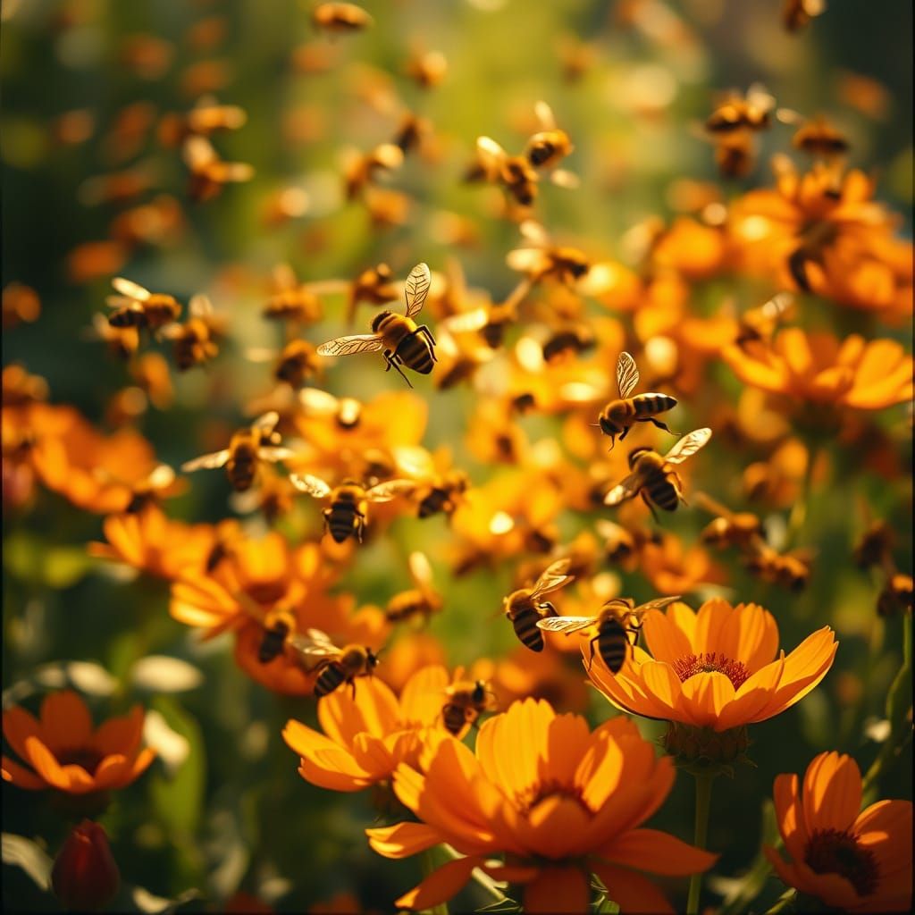 A buzzy day! - Bees in Vibrant Garden, Cinematic Lighting