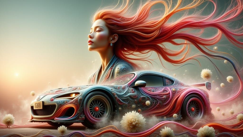 Surrealist Goddess Unfurls Lotus Car in Sunset Hues