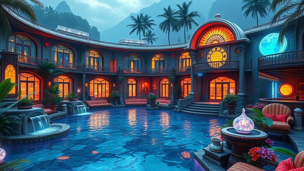 Surreal Futuristic Resort with Steampunk Details a... - AI Art